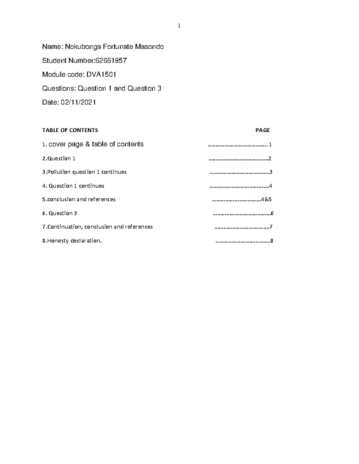 DVA1501 EXAM Signed - DVA ASSIGNMENT 1 - Name: Nokubonga Fortunate Masondo Student Number ...