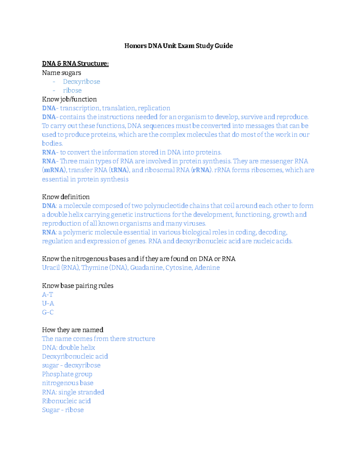 DNA Test #2 Study Guide - DNA Test #2 Work Biology - Honors DNA Unit ...