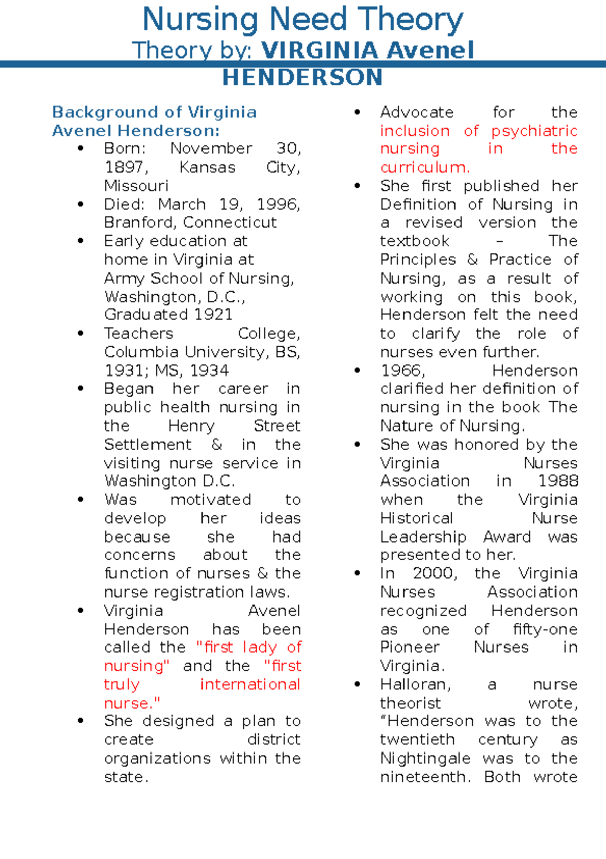 V - 14 components - Nursing Need Theory Theory by: VIRGINIA Avenel HENDERSON Background of ...