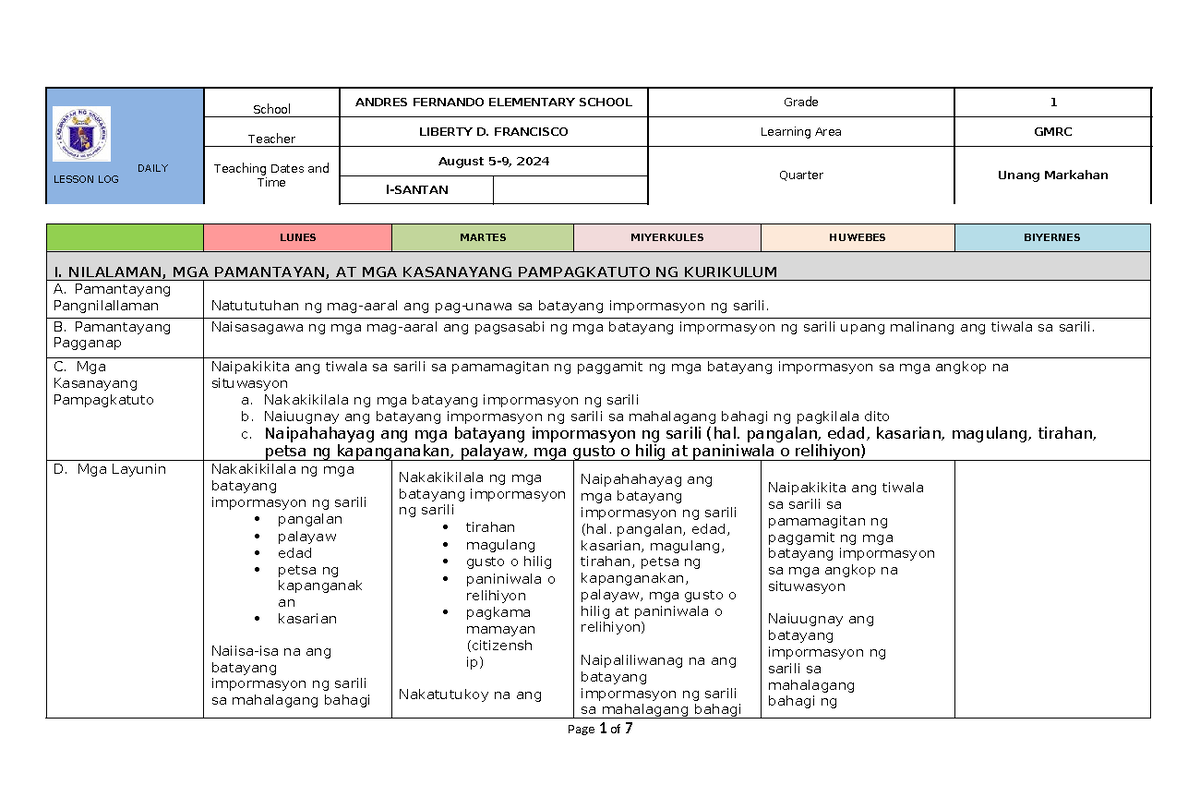 DLL-GMRC 1-Q1-W1 - GMRC from Matatag Curriculum - GRADE 1 DAILY LESSON ...