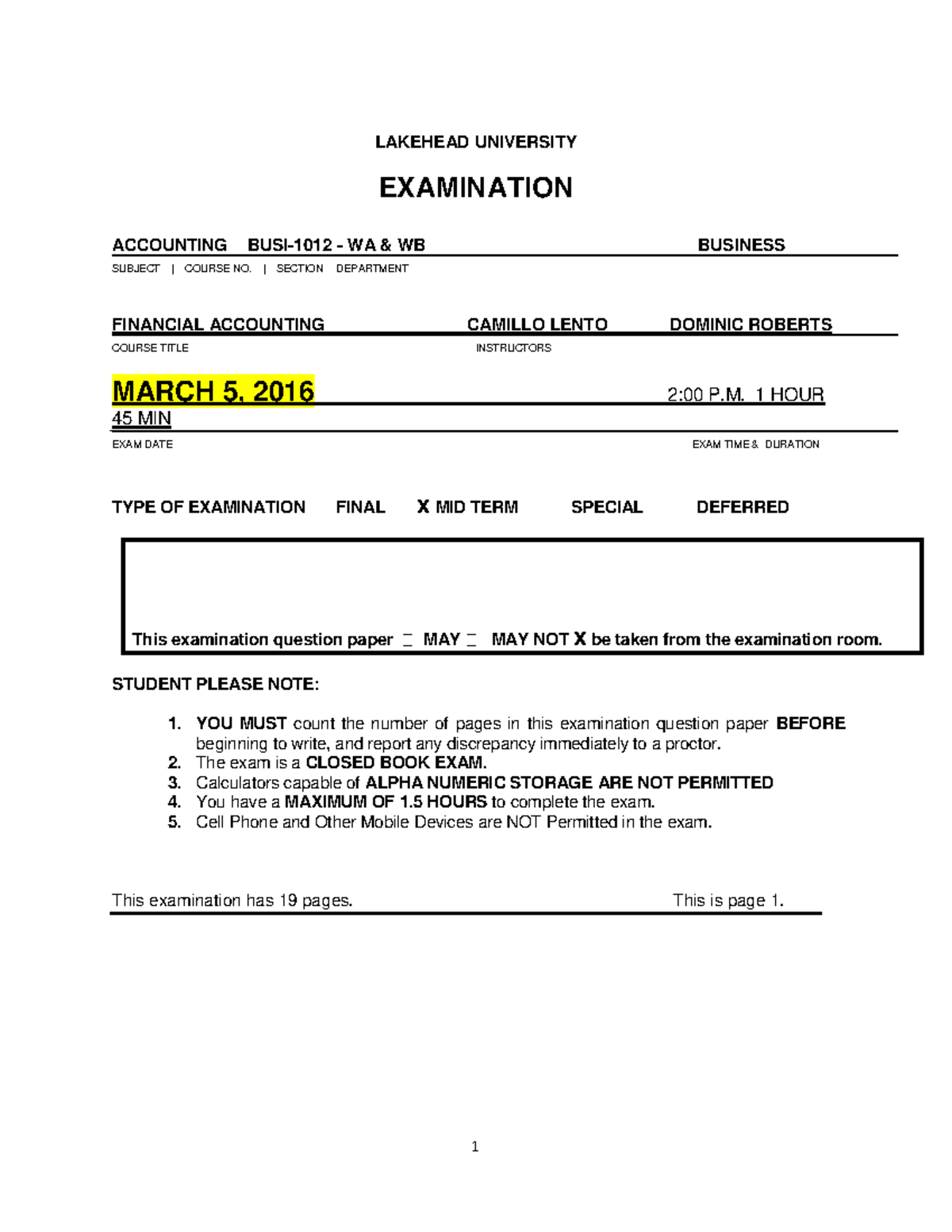 Midterm 2 Exam & Solution - Warning: TT: undefined function: 32 LAKEHEAD UNIVERSITY EXAMINATION ...