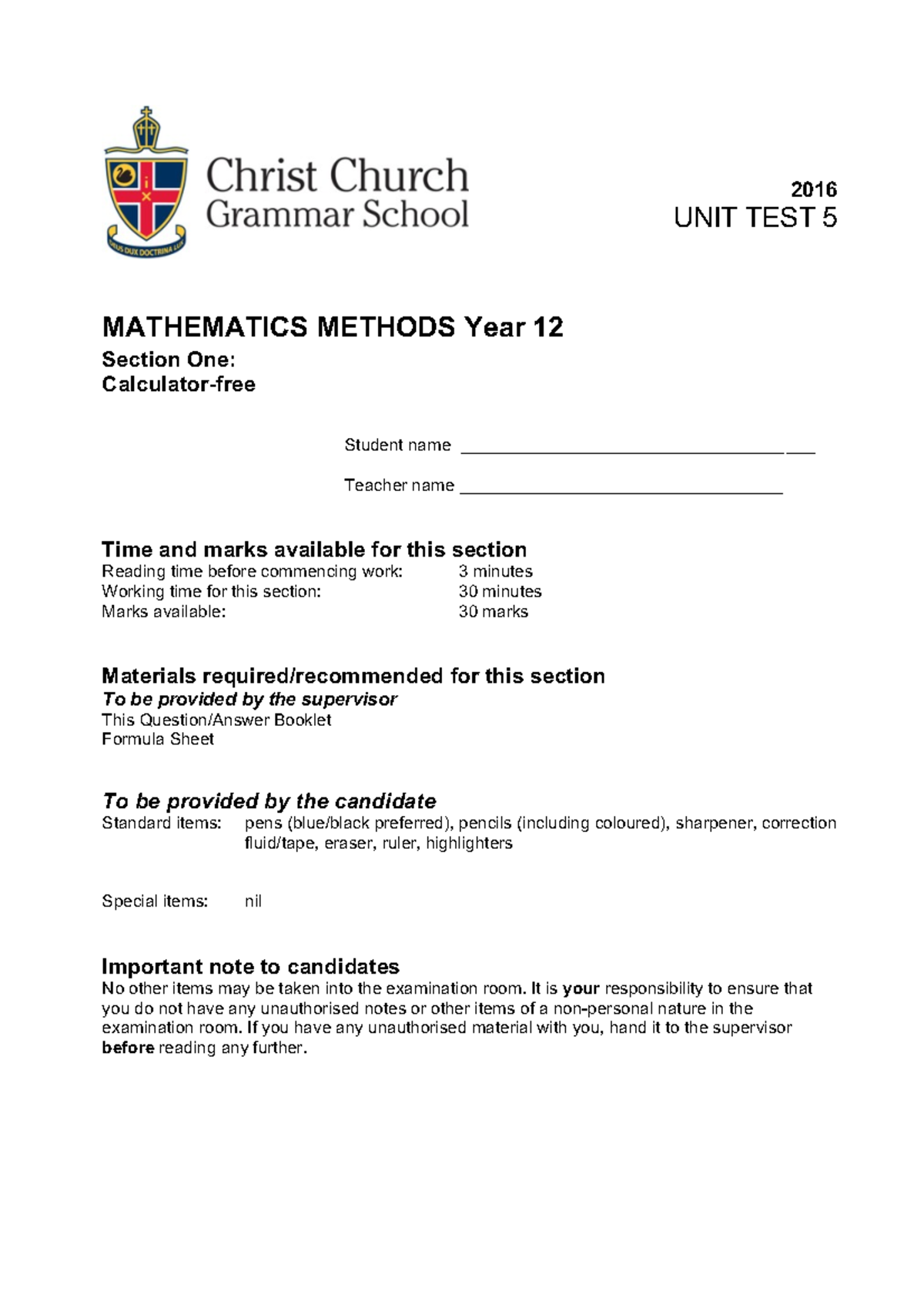 2016 Methods Y12 Test 5 - 2016 UNIT TEST 5 MATHEMATICS METHODS Year 12 ...