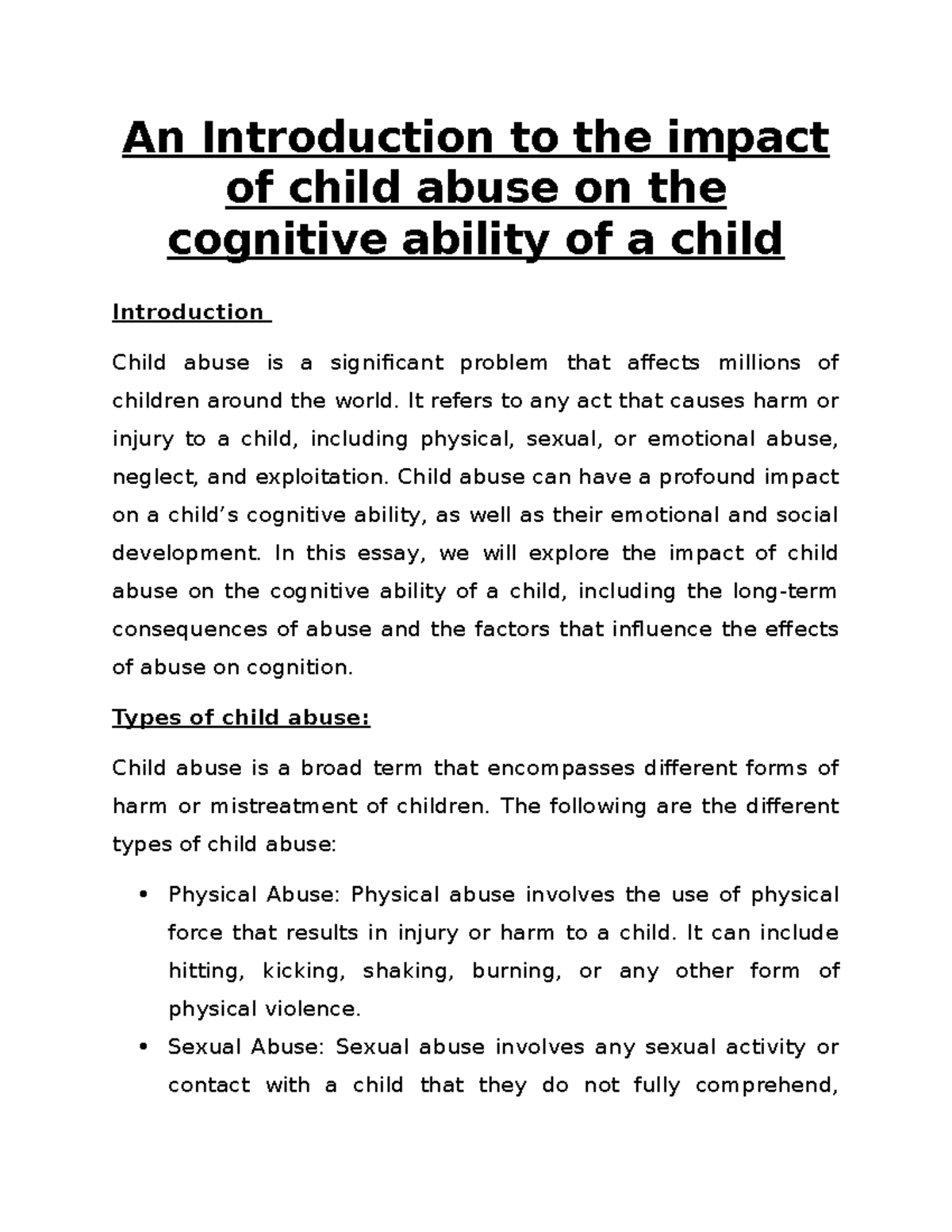 An Introduction to the impact of child abuse on the cognitive ability ...