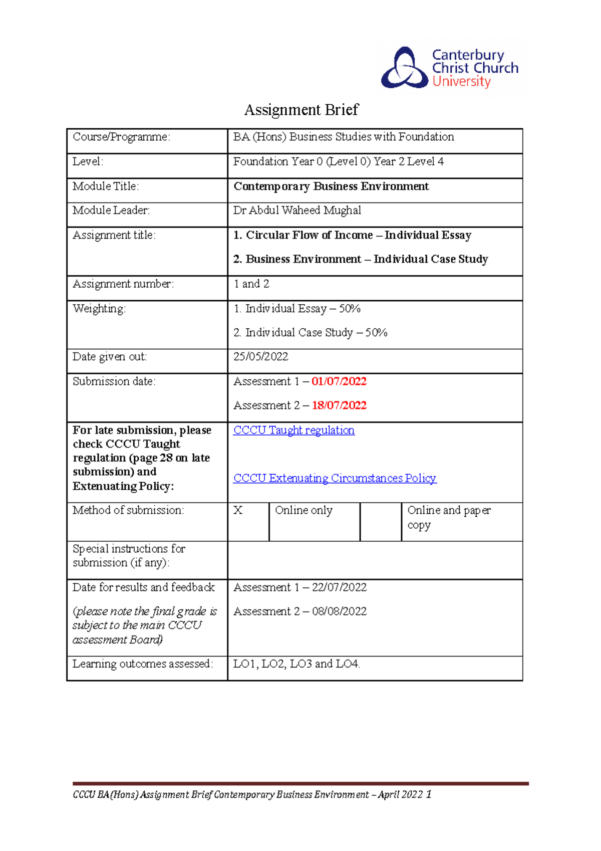 CCCU LSC BABS CBE Assessment Brief- April 2022 (2) - Assignment Brief ...