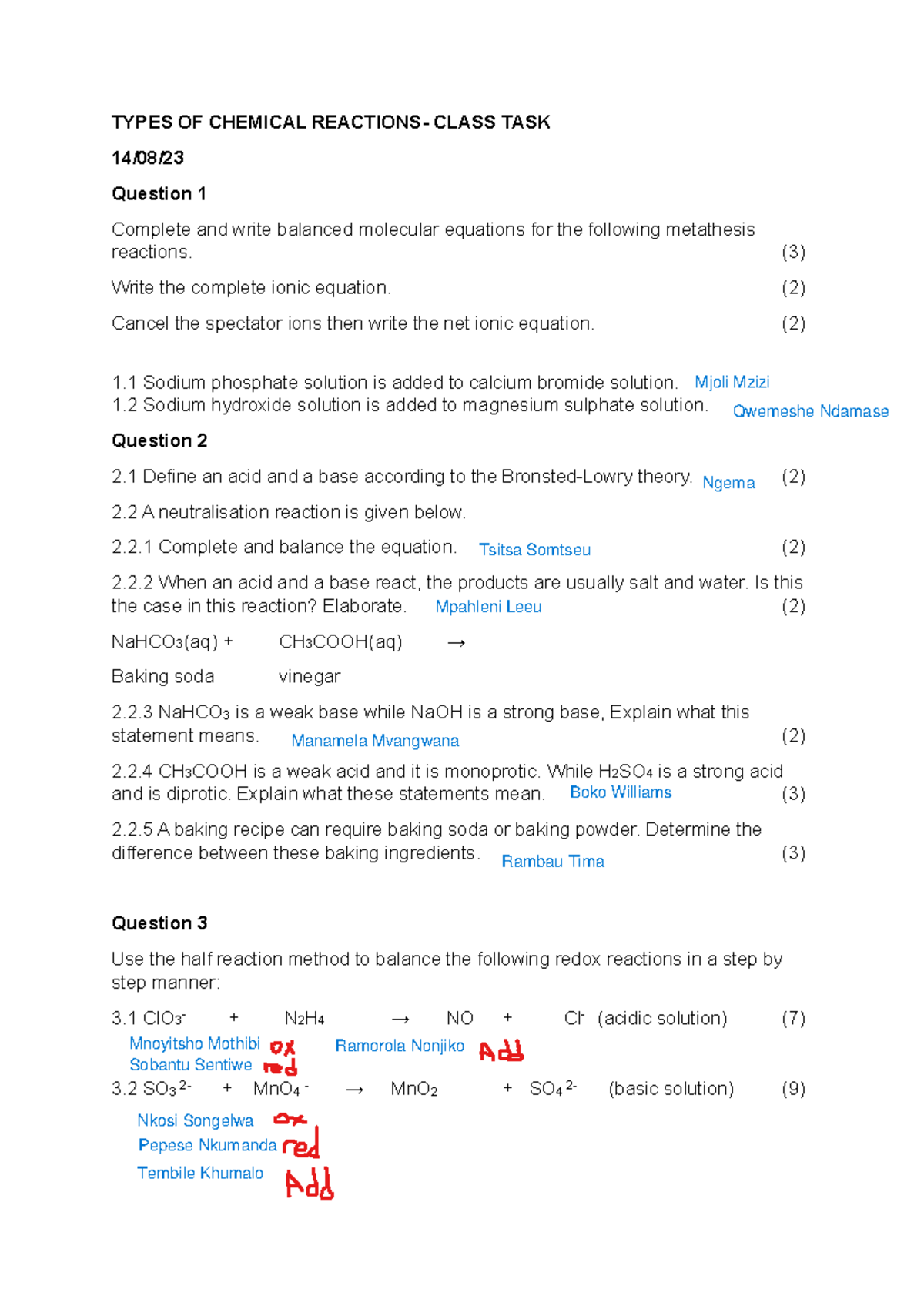 Types OF Chemical Reactions Class Task1 - TYPES OF CHEMICAL REACTIONS ...