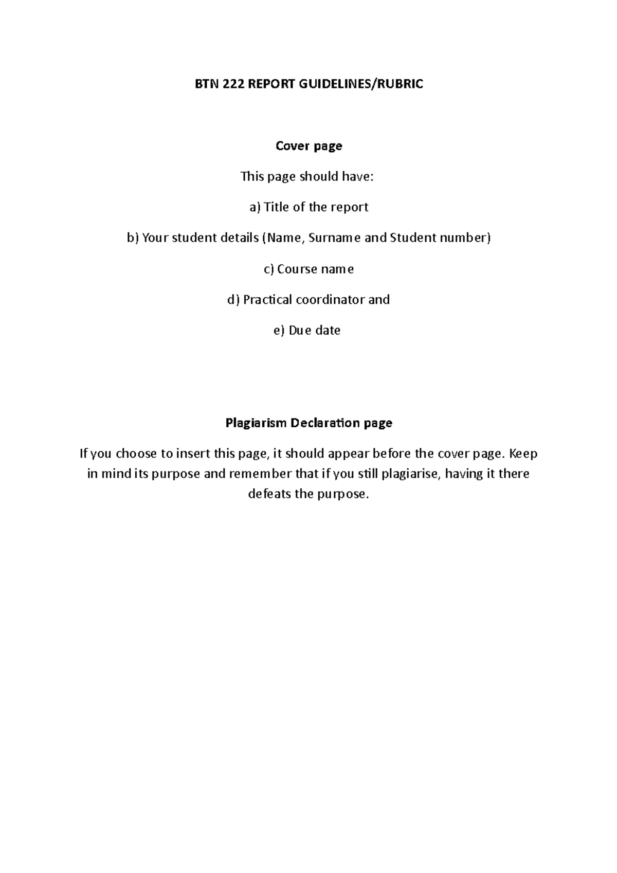BTN 222 Report Guidelines - BTN 222 REPORT GUIDELINES/RUBRIC Cover page ...