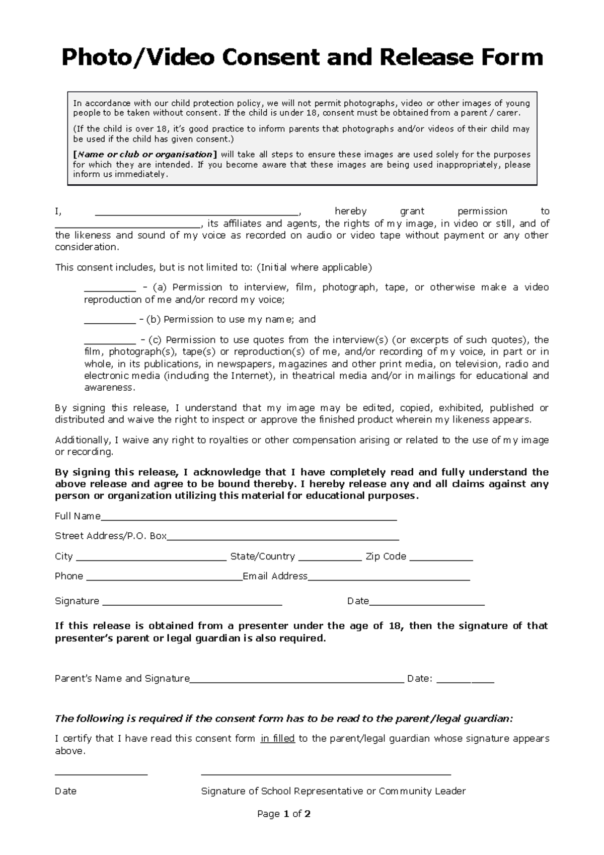 Video Consent and Release form - Photo/Video Consent and Release Form ...