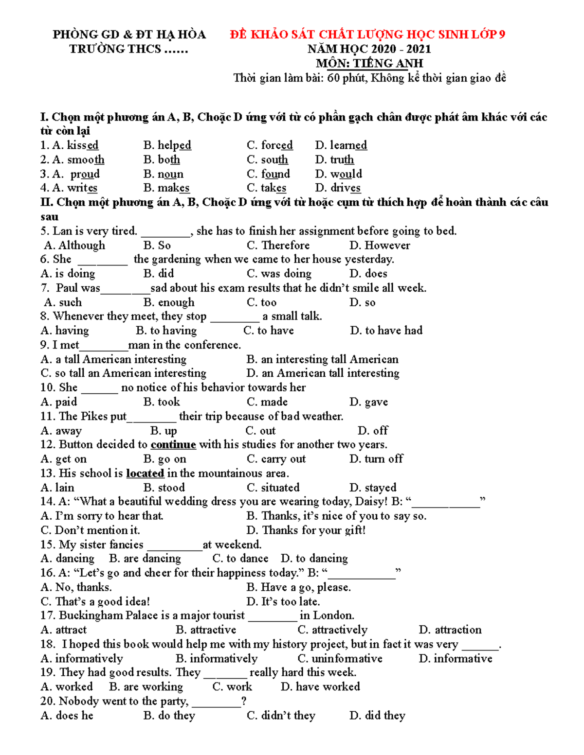 Thi Th English Test For Grade 9 PH NG GD T H H A TR NG THCS