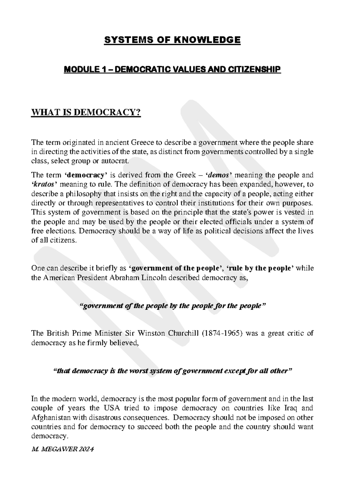 Democracy - Notes - SYSTEMS OF KNOWLEDGE MODULE 1 – DEMOCRATIC VALUES ...