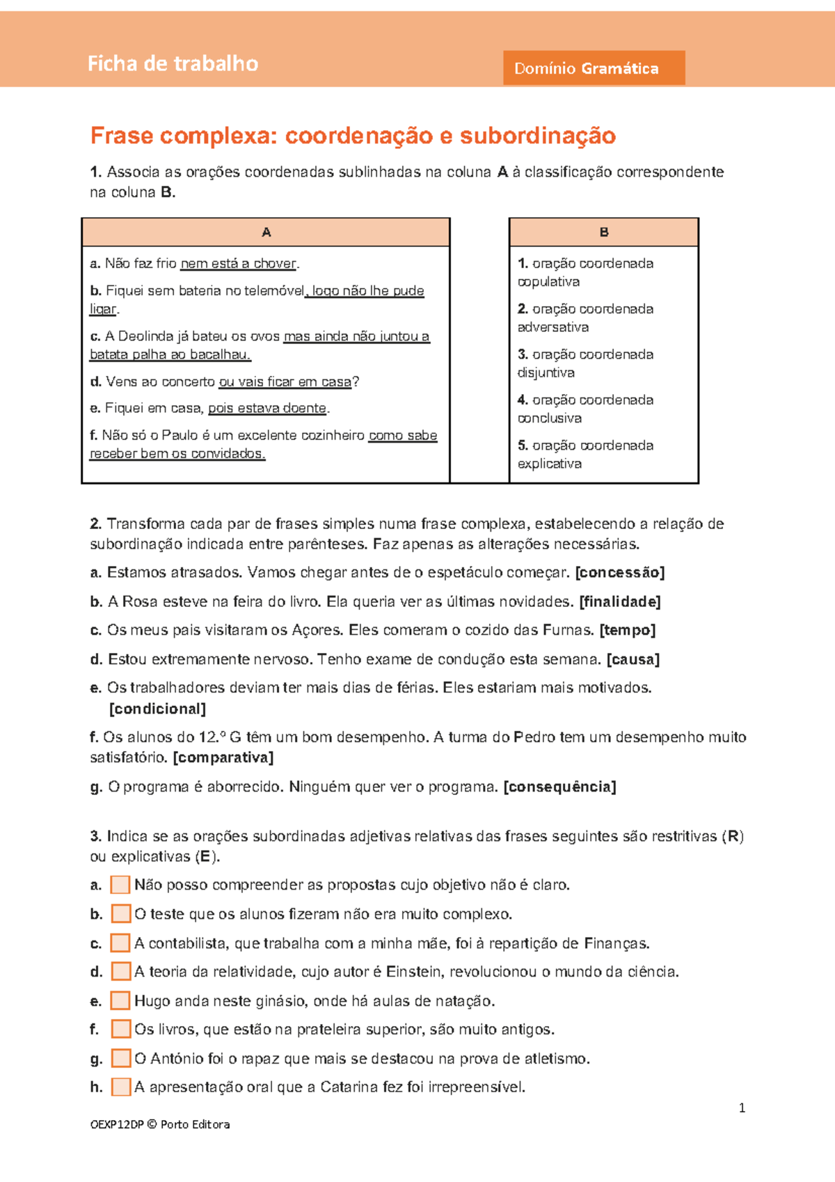 Ficha Gramática Coordenação e Subordinação - Ficha de trabalho ...