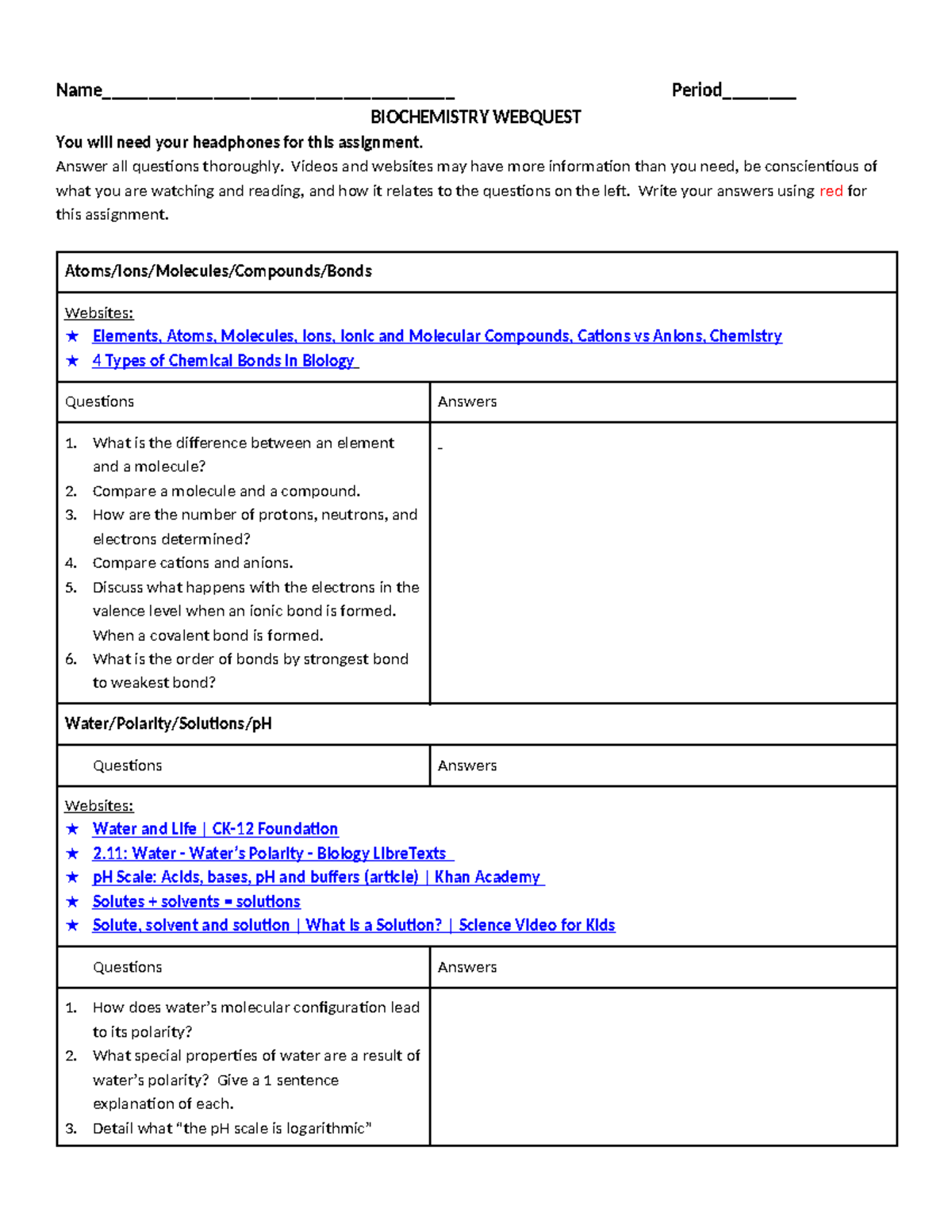 Biochemistry Review Webquest - Name ...