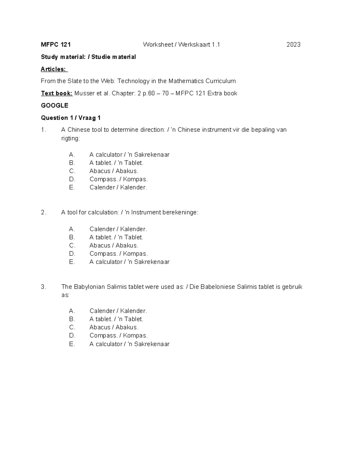 MFPC 121 Worksheet 1.1 2023 - MFPC 121 Worksheet / Werkskaart 1 2023 ...