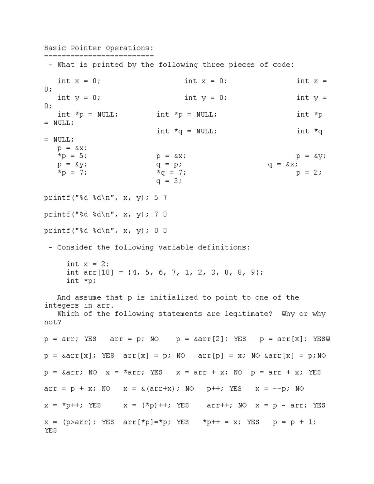 Exam 2 Review - Basic Pointer Operations: - What is printed by the ...