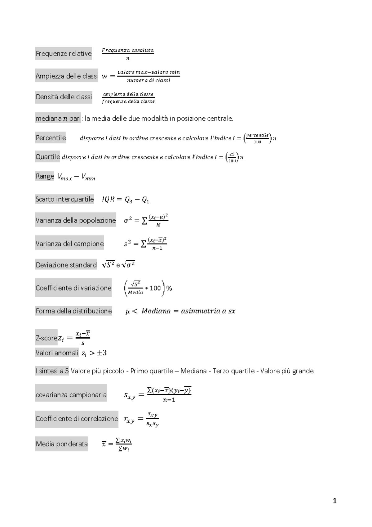 Statistica Formule - formulario per esame - Frequenze relative Ampiezza ...