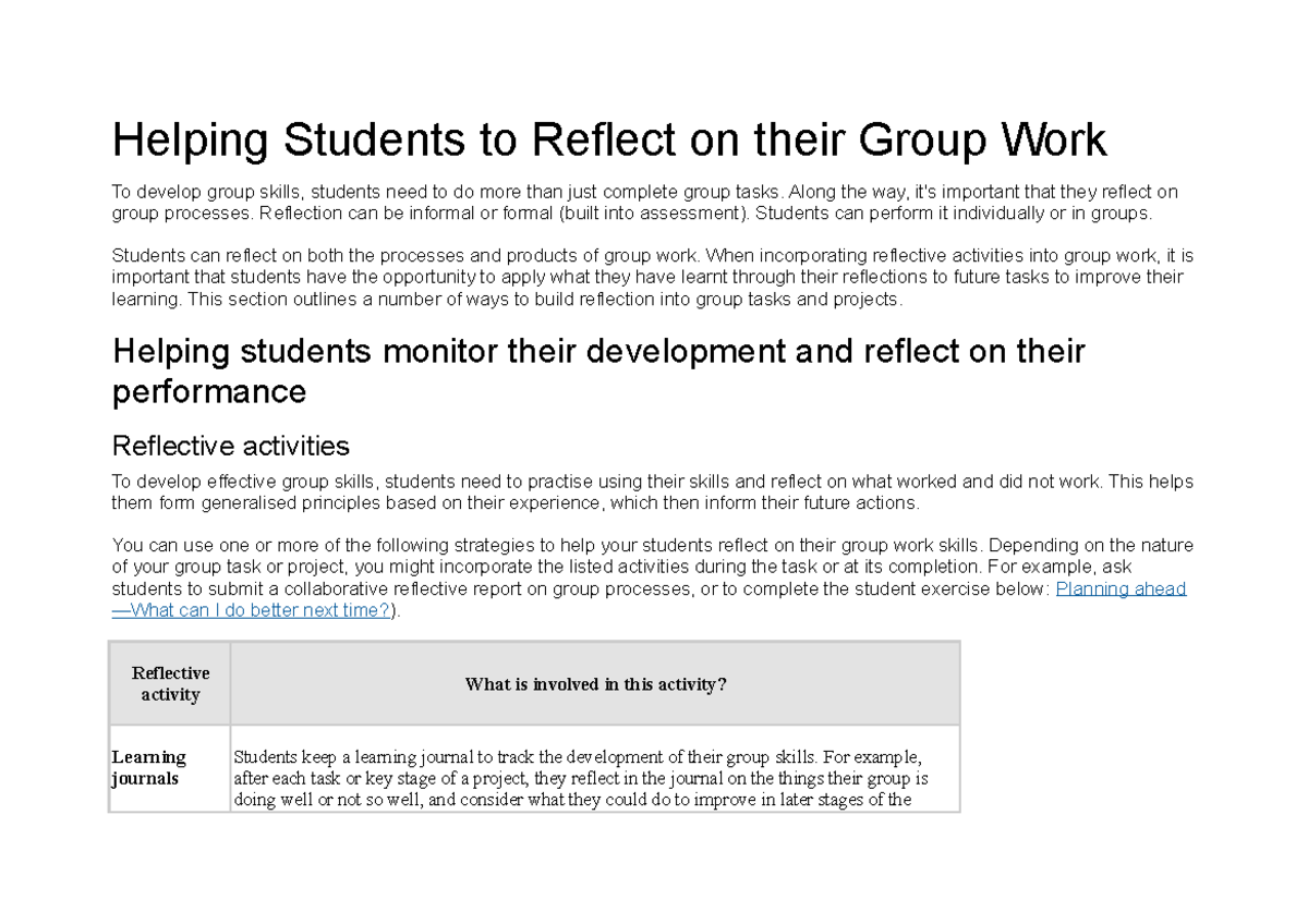 Helping Students to Reflect on their Group Work - Along the way, it's ...