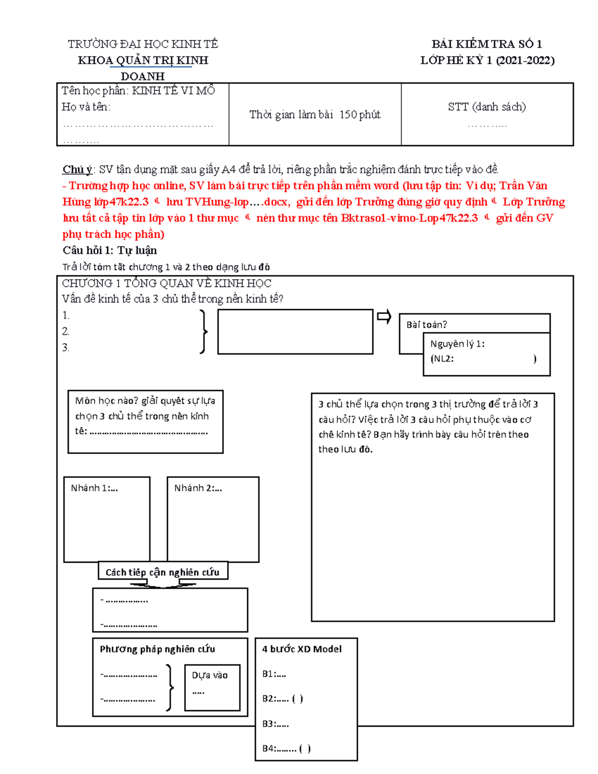 Ktravimo-so1 - Quản trị học - TRƯỜNG ĐẠI HỌC KINH TẾ KHOA QUẢN TRỊ KINH DOANH BÀI KIỂM TRA SỐ 1 ...