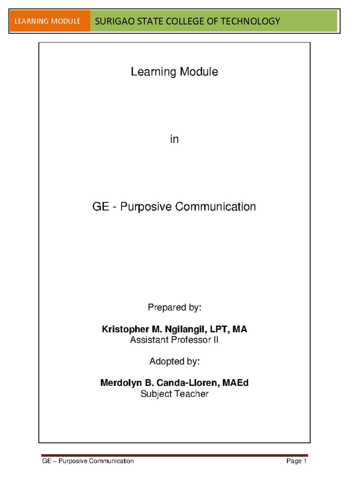 Purposive Communication Complete Module 1 - Learning Module in GE - Purposive Communication ...