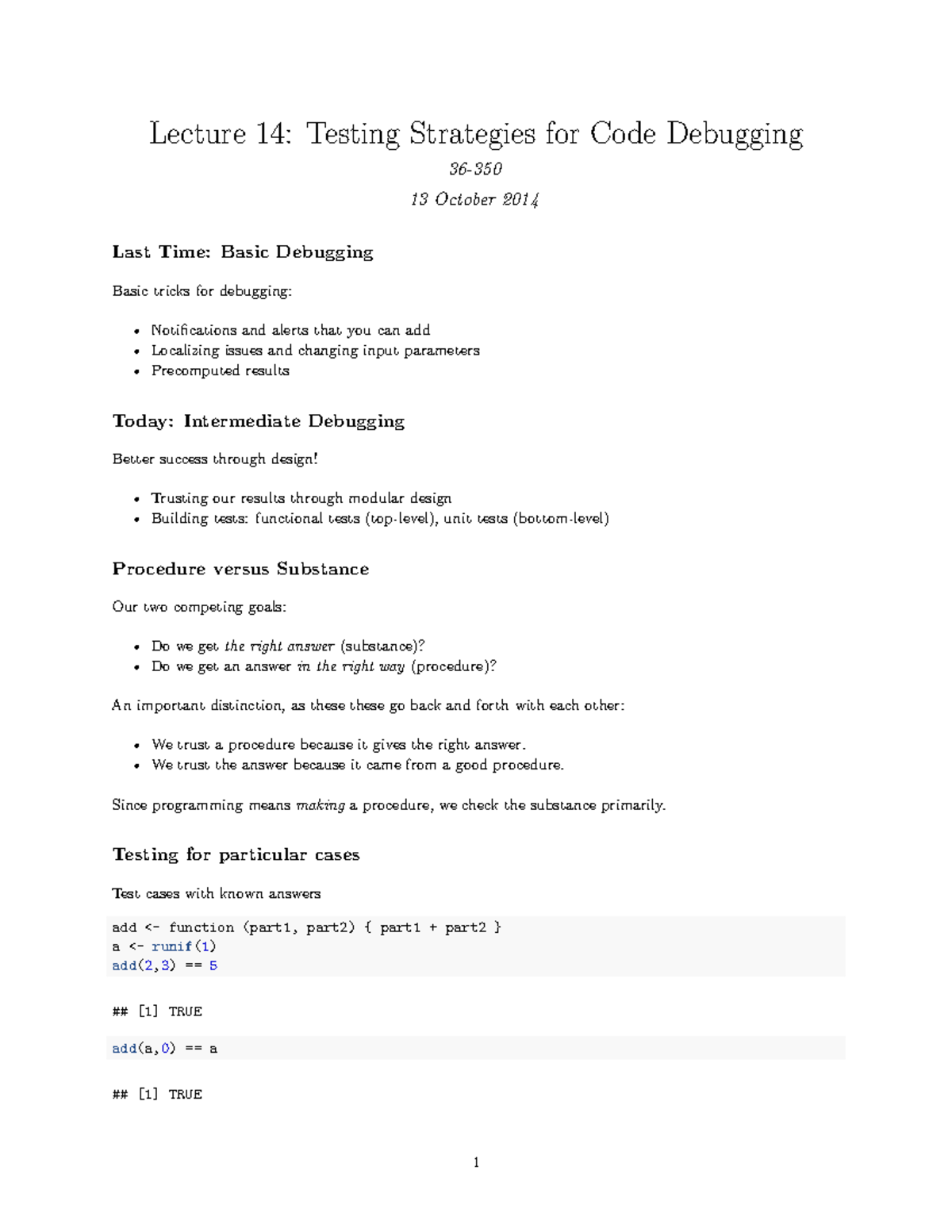 Lecture 14 Lecture Notes 14 Lecture 14 Testing Strategies For Code Debugging 36 13 October 7651