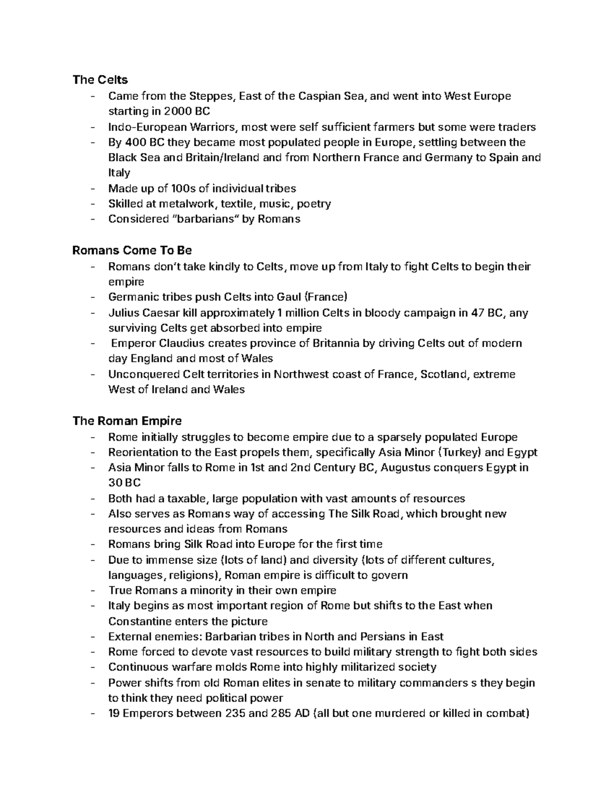 HIS277 Notes for Mid Term - The Celts Came from the Steppes, East of ...