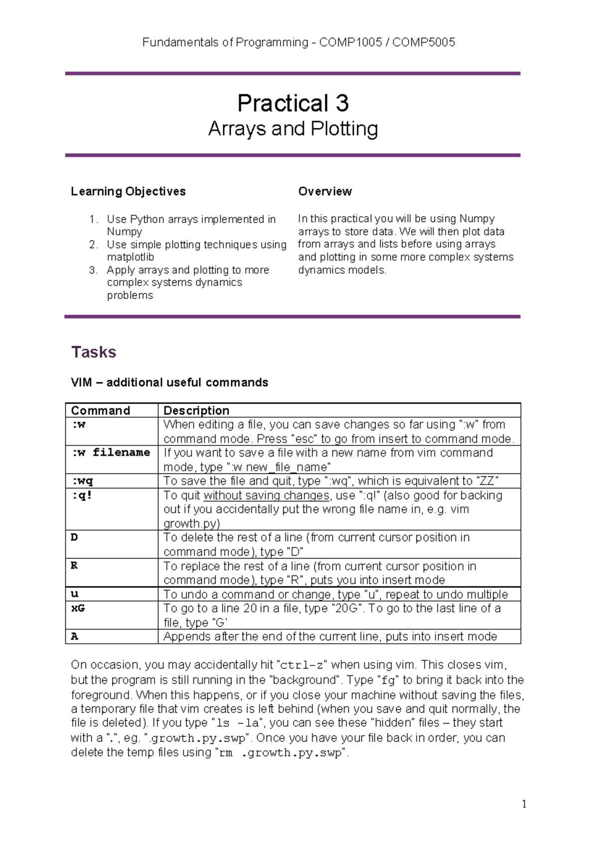 Practical 3 - Practical 3 Arrays and Plotting Learning Objectives Use ...