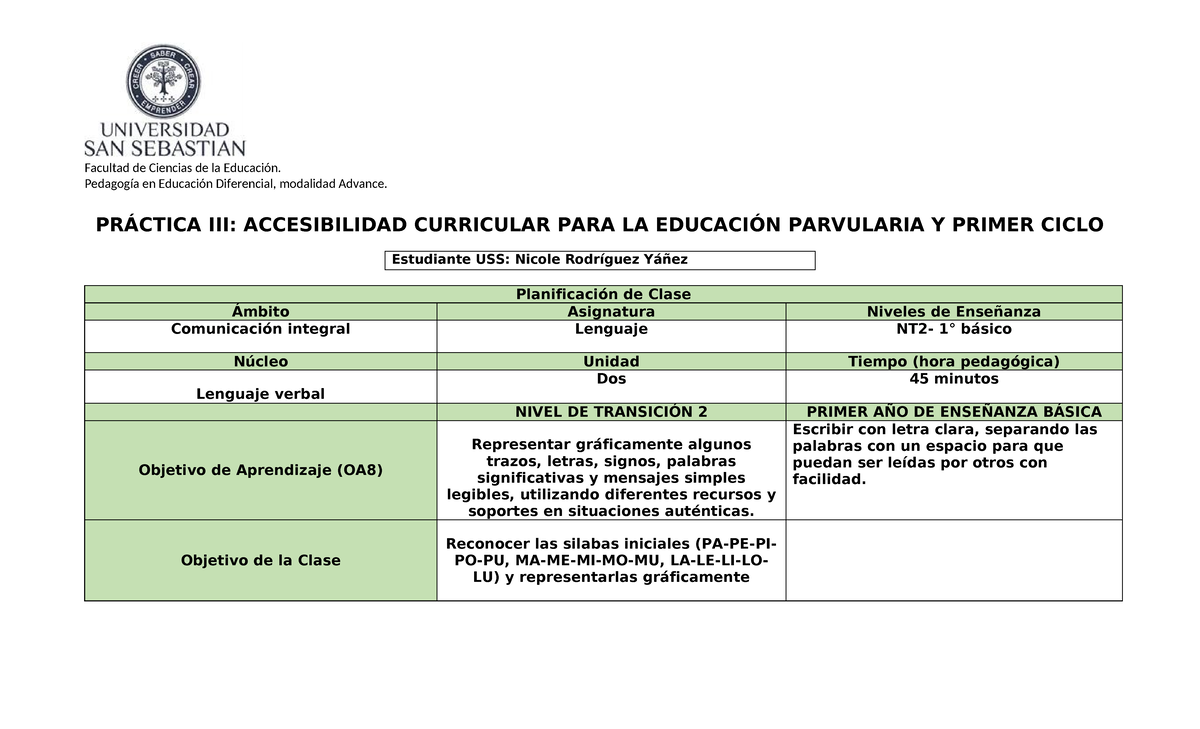 Planificacion 3 escritura silabica - Pedagogía en Educación Diferencial ...