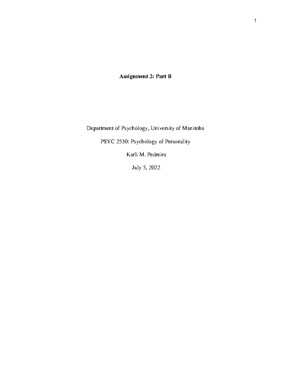 PSYC 2530 Assignment 2 for studocu - Assignment 2: Part B Department of Psychology, University ...