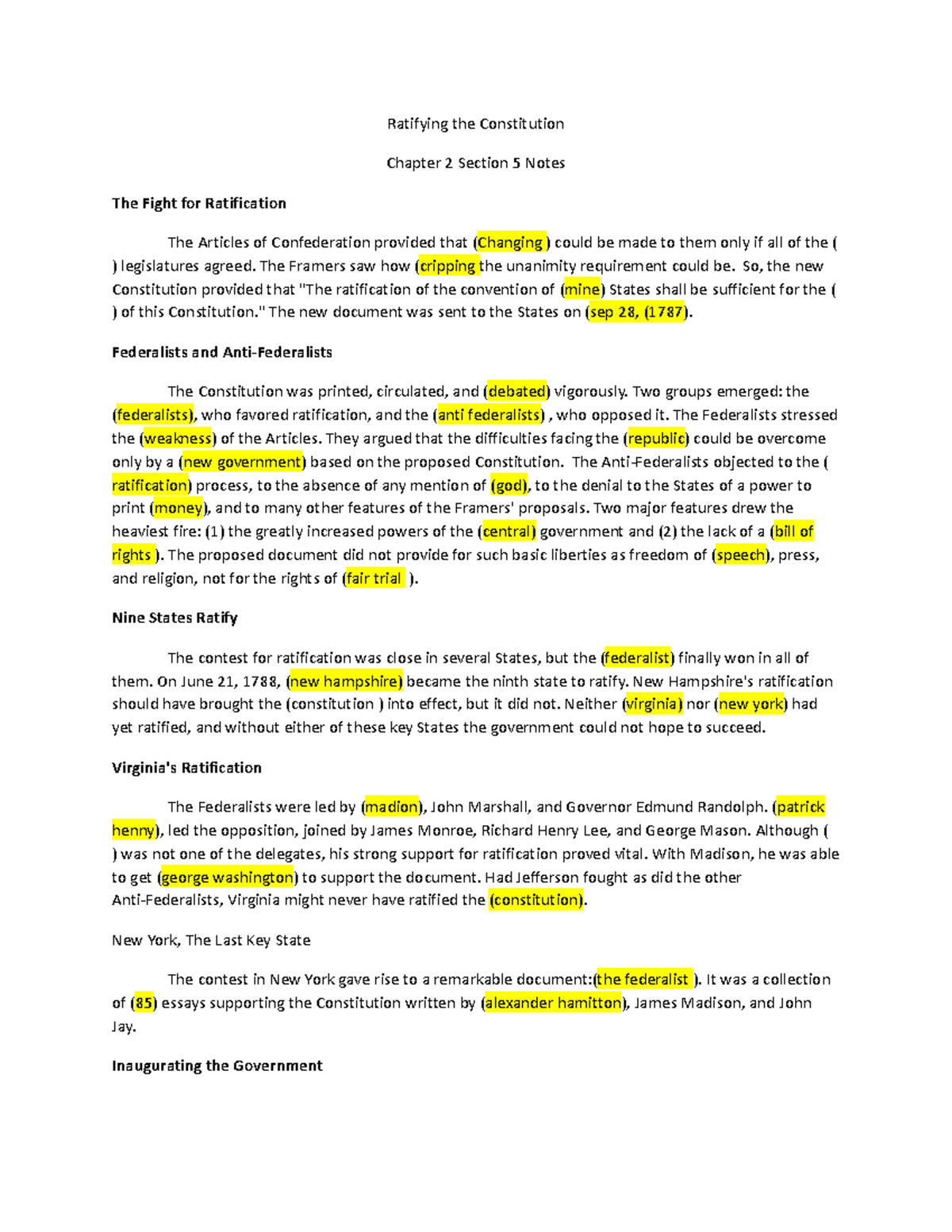 Nevaeh Lowder - Ch 2.5 Questions - Ratifying the Constitution Chapter 2 ...