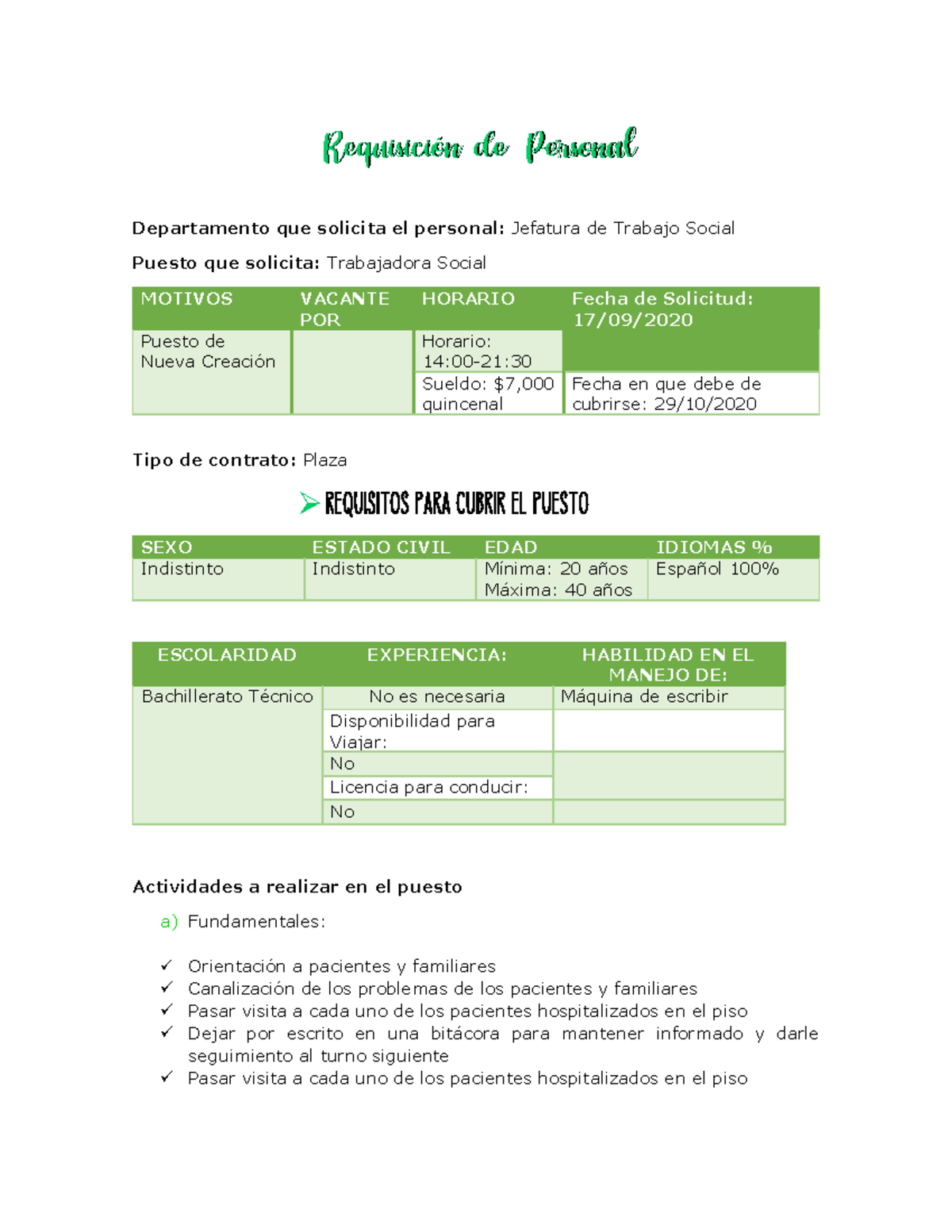 Requisición de personal - Departamento que solicita el personal ...