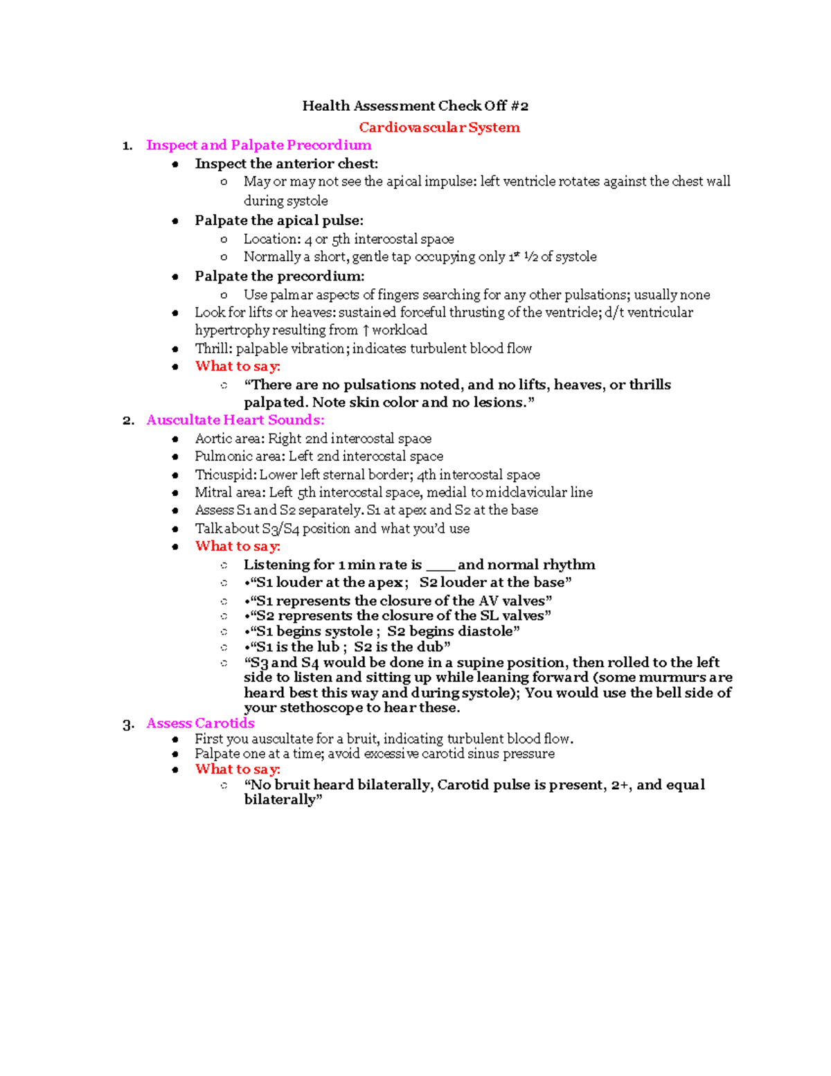 Health Ass Check Off 2 - Health Assessment Check Off # Cardiovascular ...