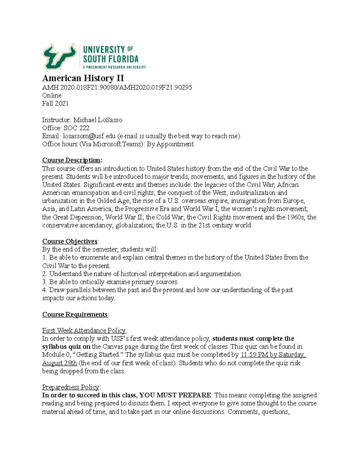 AMH2020 Fall 2021 Syllabus - American History II AMH 2020.018F21.90080 ...