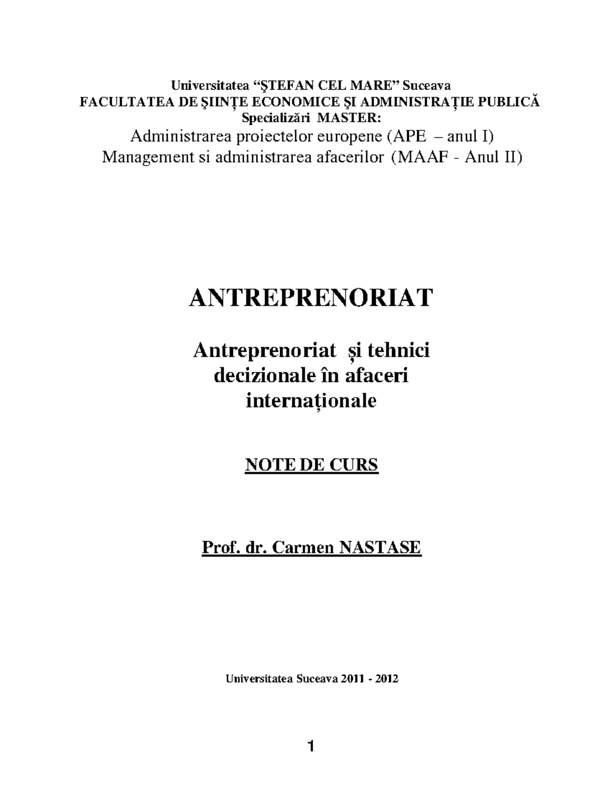 Curs Antreprenoriat Master APE MAAF - Universitatea “ŞTEFAN CEL MARE ...