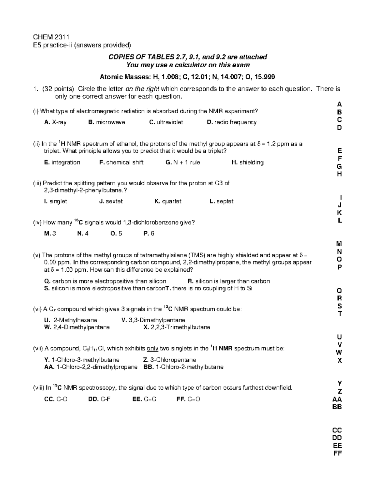 Practice Exam 5 A - CHEM 2311 E5 practice-ii (answers provided) COPIES ...