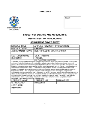 Ruminant production assignment 1 - University of Zululand Faculty of Science, Agriculture and ...