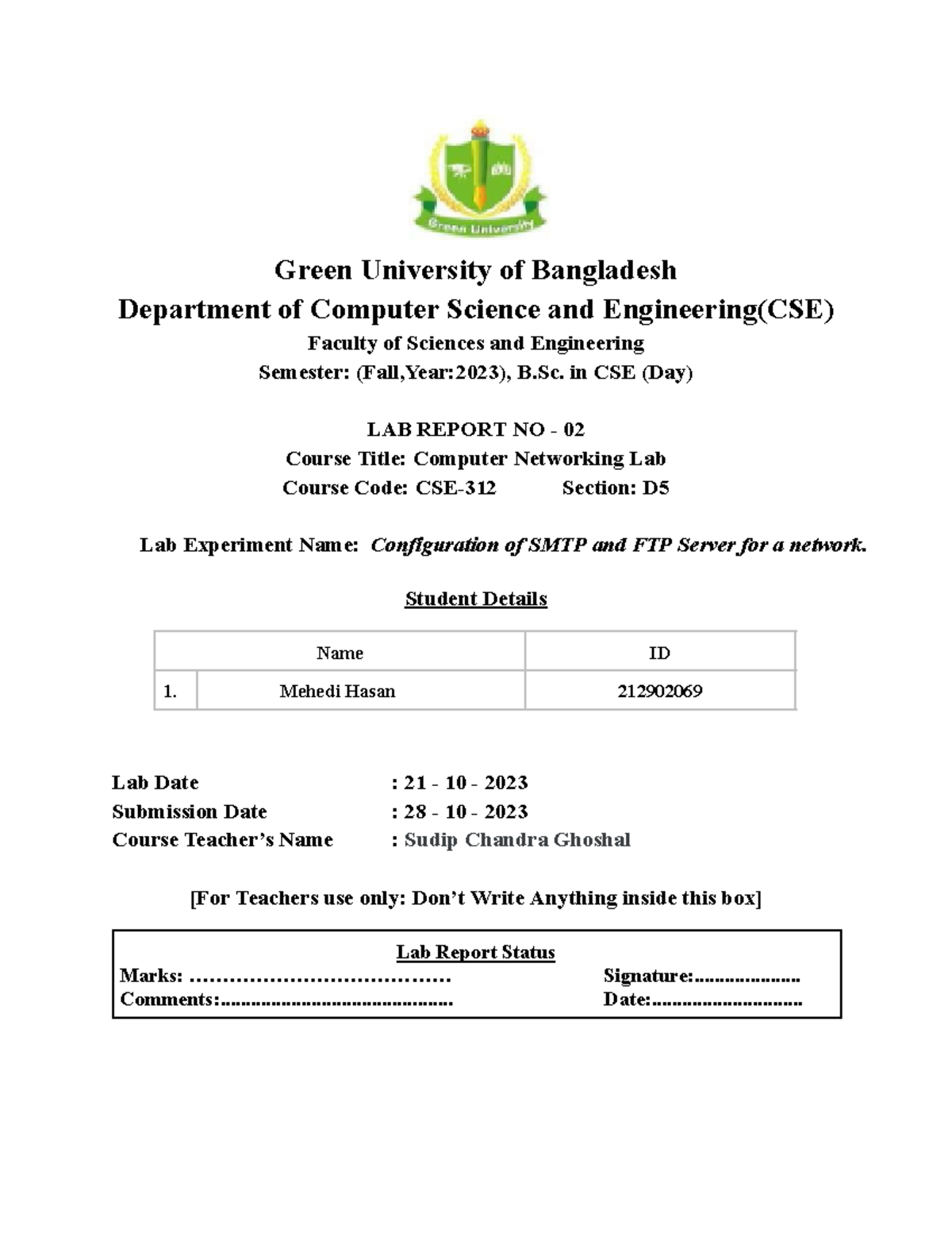 Networking lab report 2 - Green University of Bangladesh Department of ...