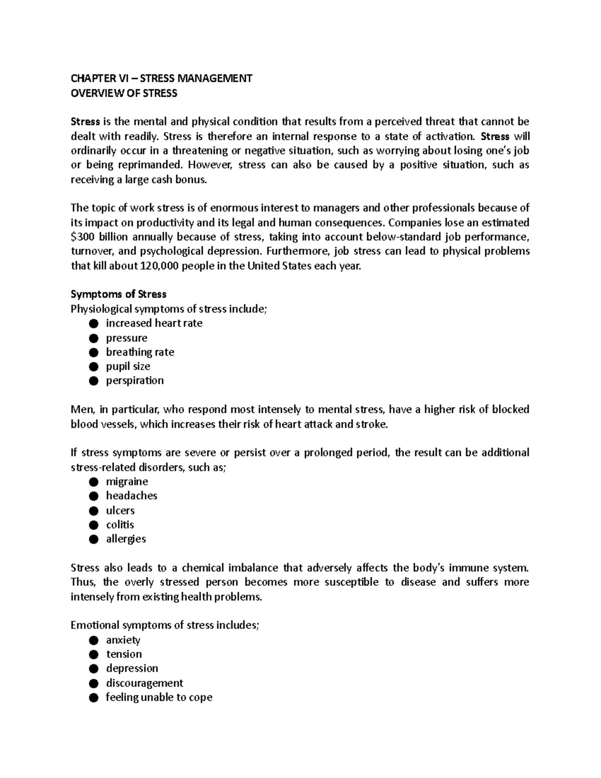 Overview OF Stress (Chapter VI - Stress Management) - CHAPTER VI ...