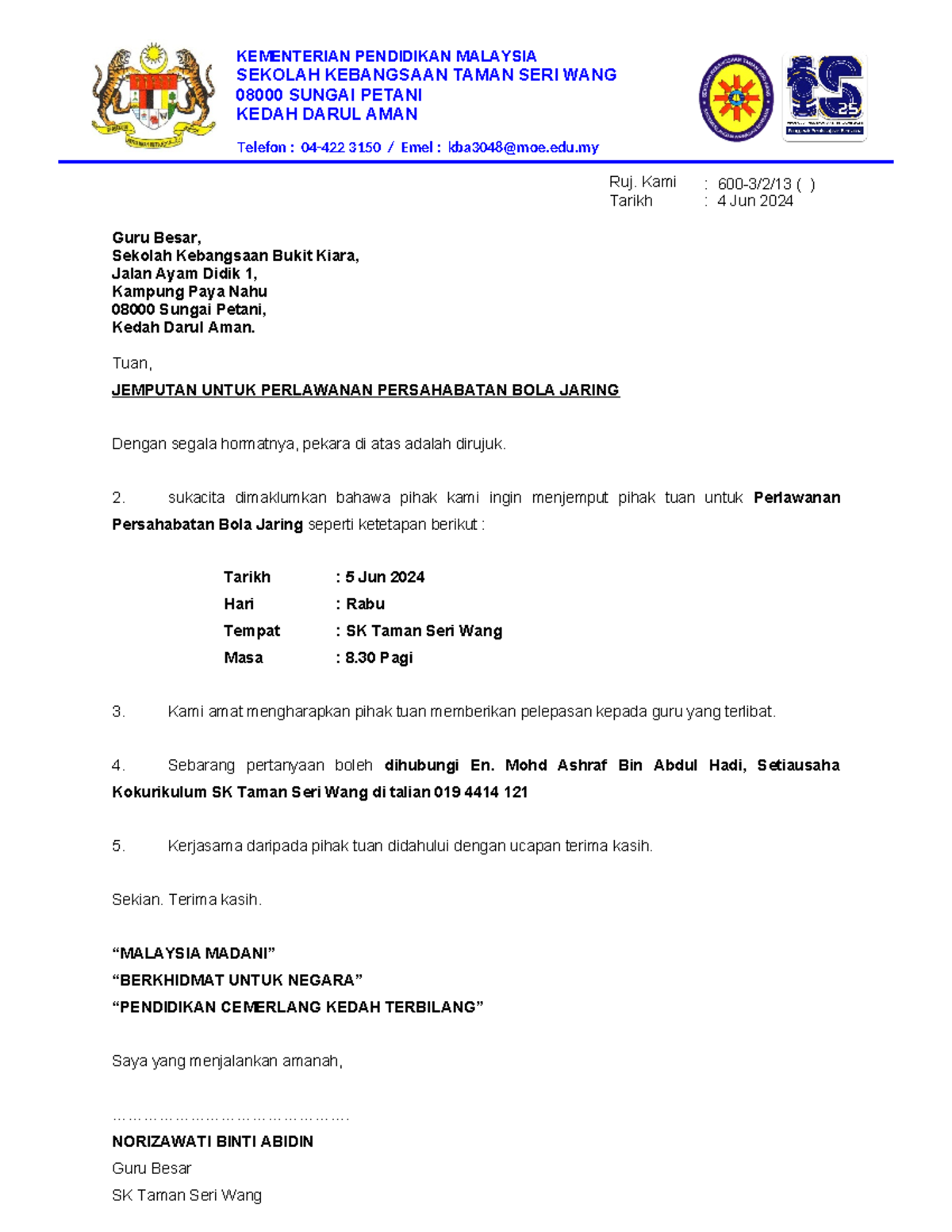 Surat Friendly Netball - Ruj. Kami : 600-3/2/13 ( ) Tarikh : 4 Jun 2024 ...