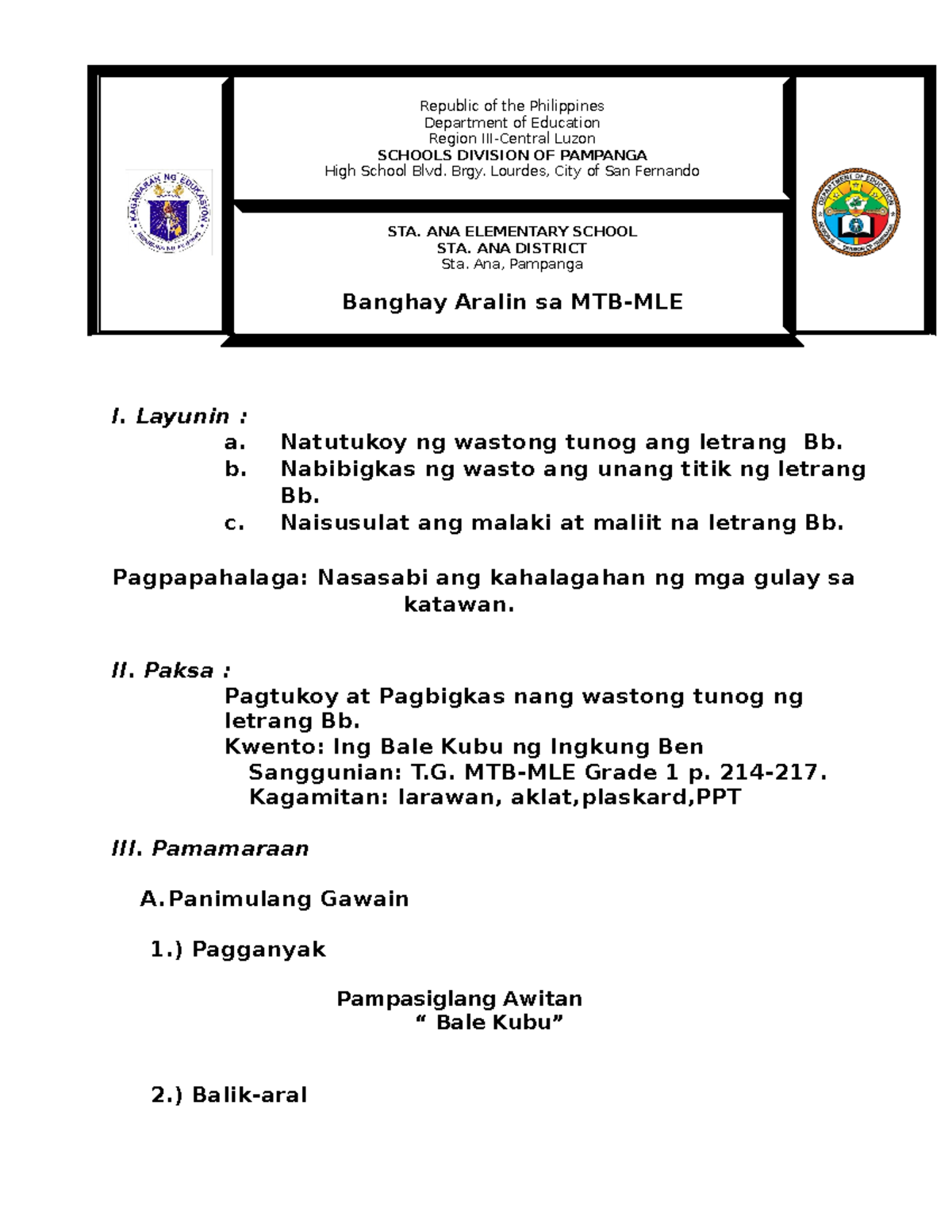 Lesson plan in MTB MLE letrang Bb - Republic of the Philippines ...