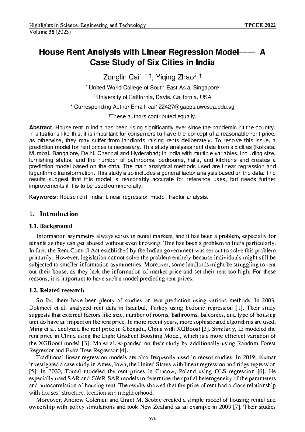 House Rent Analysis with Linear Regression Model - uwcsea.edu †These ...