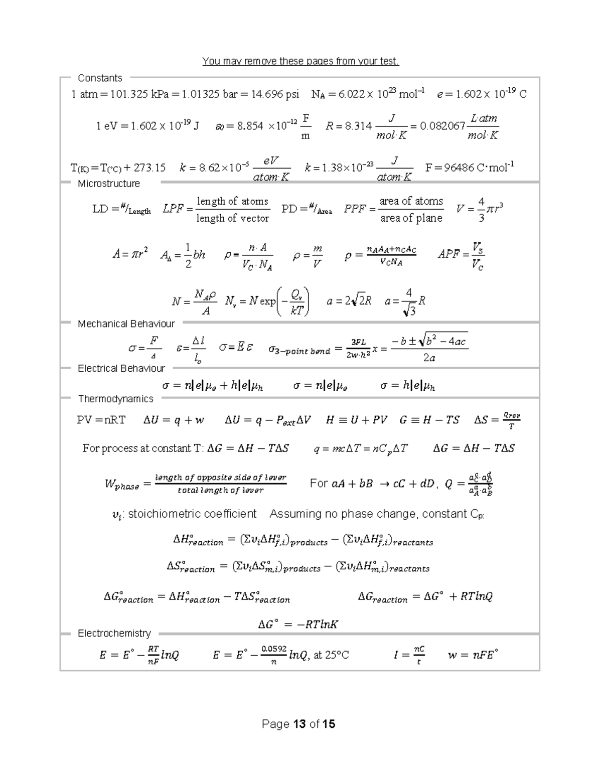 Formula sheet - xxxx - Page 13 of 15 1 atm = 101 kPa = 1 bar = 14 psi ...