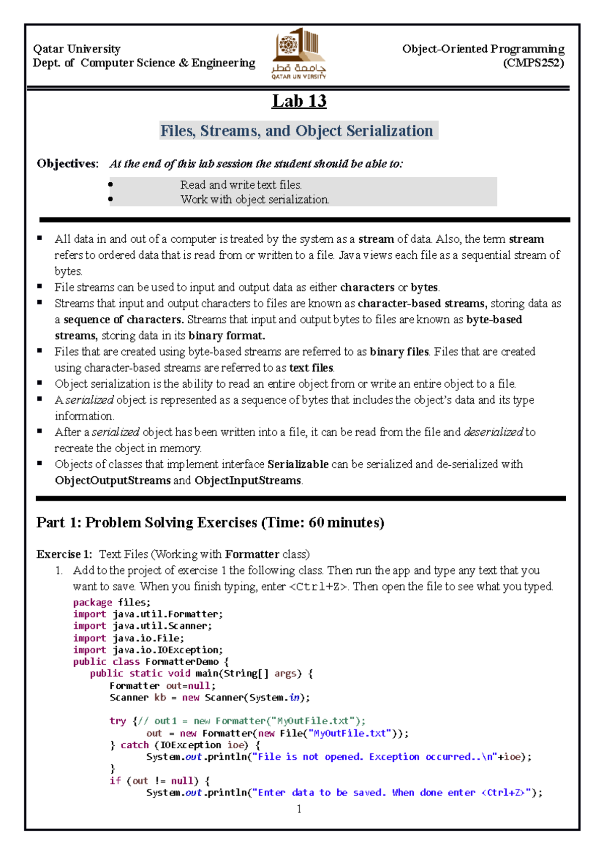 Lab13 - Files, Streams, and Object Serialization - Qatar University Dept. of Computer Science ...