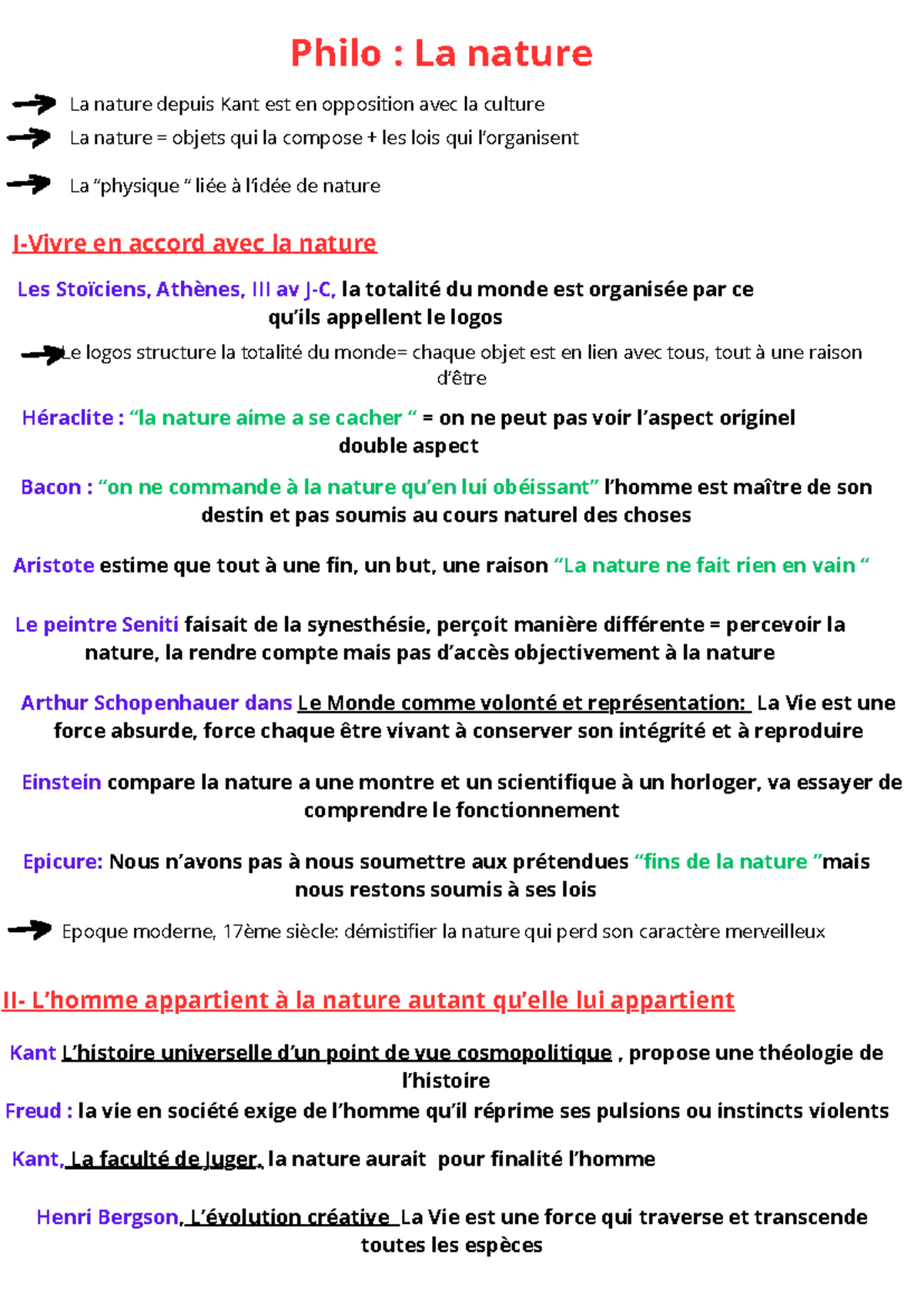 Fiches philo, chap 4- La nature - Philo : La nature La nature depuis Kant est en opposition avec ...