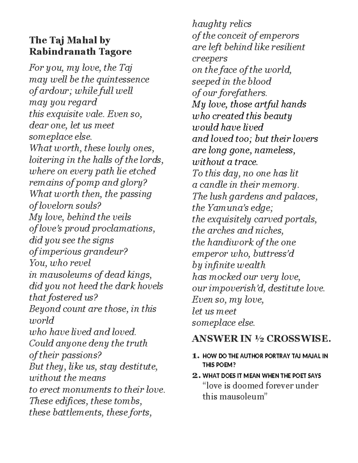 The Taj Mahal by Rabindranath Tagore - The Taj Mahal by Rabindranath ...