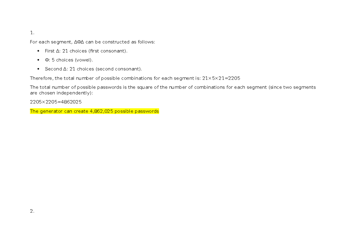 Assignment 1 - 1. For each segment, ΔΦΔ can be constructed as follows: First Δ: 21 choices ...