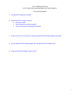 CIFP - Retirement Planning - Unit 2 Exercise Questions + Answers CPP - CIFP – Retirement ...
