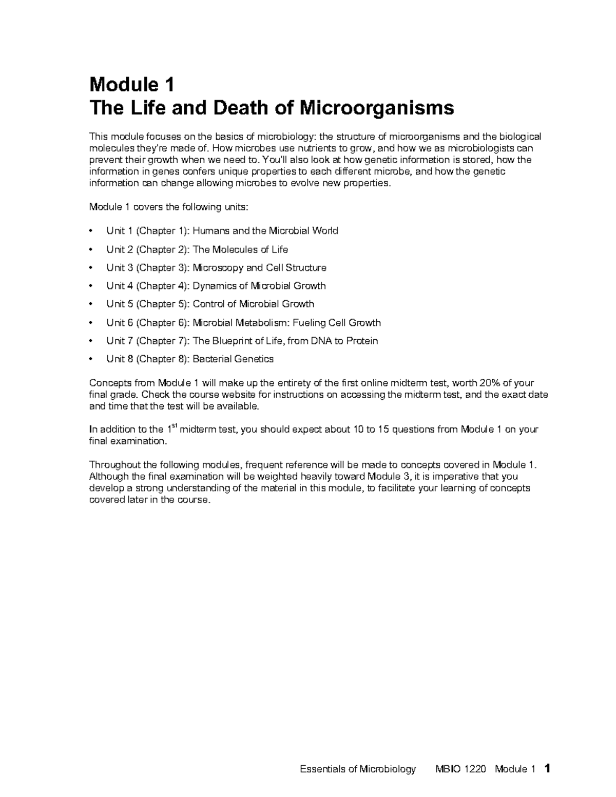 Module 1 unit 1-8 10th ed textbook - Essentials of Microbiology MBIO ...