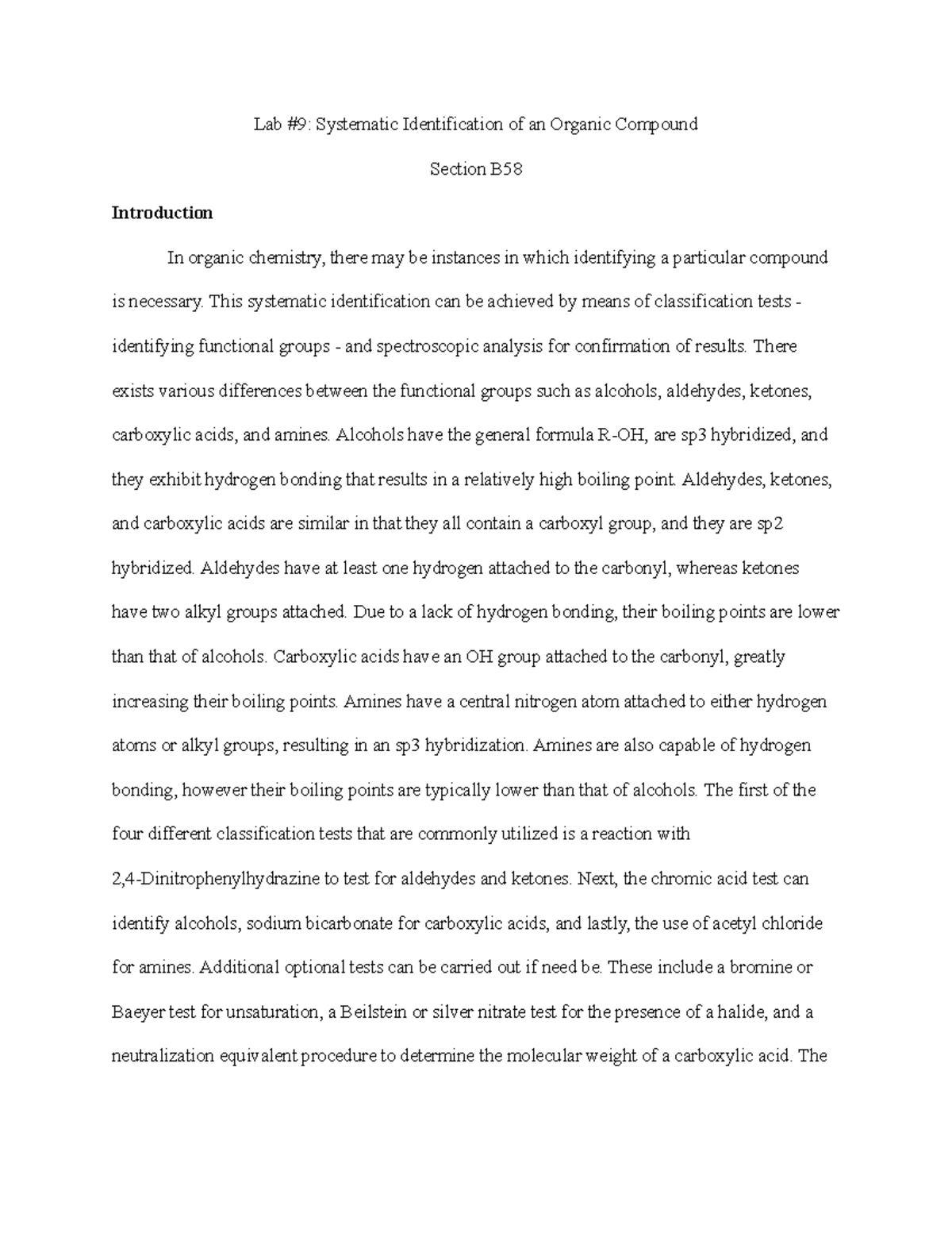 Orgo lab 9 systematic ID - Lab #9: Systematic Identification of an ...