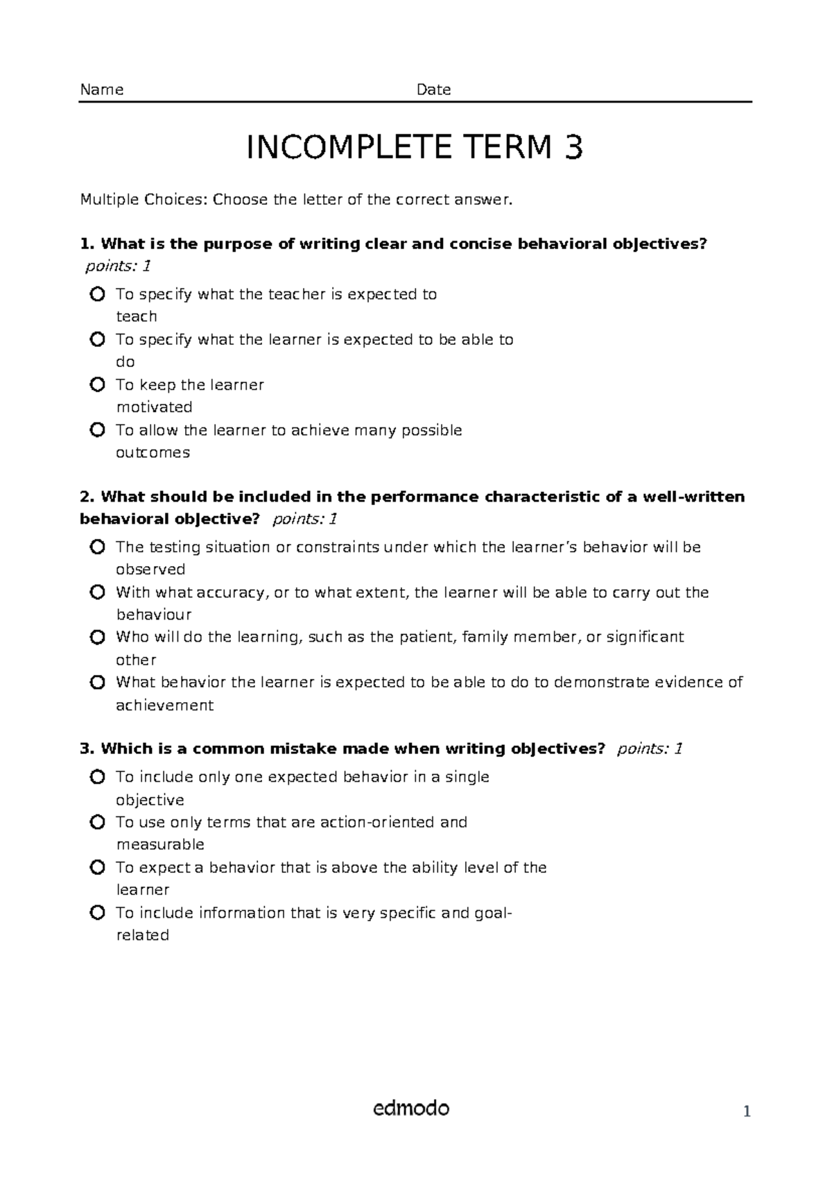 Sample/practice exam - Name Date INCOMPLETE TERM 3 Multiple Choices ...