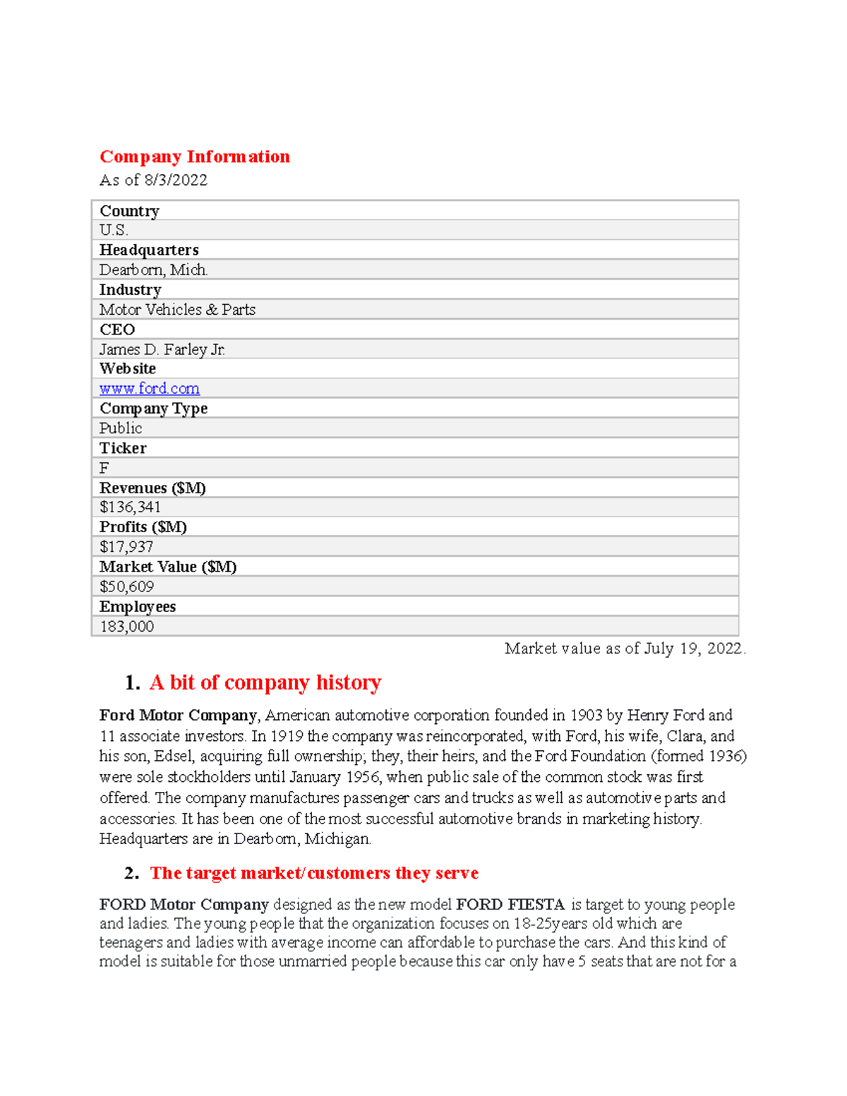 The history of Ford company - Company Information As of 8/3/ Country U ...
