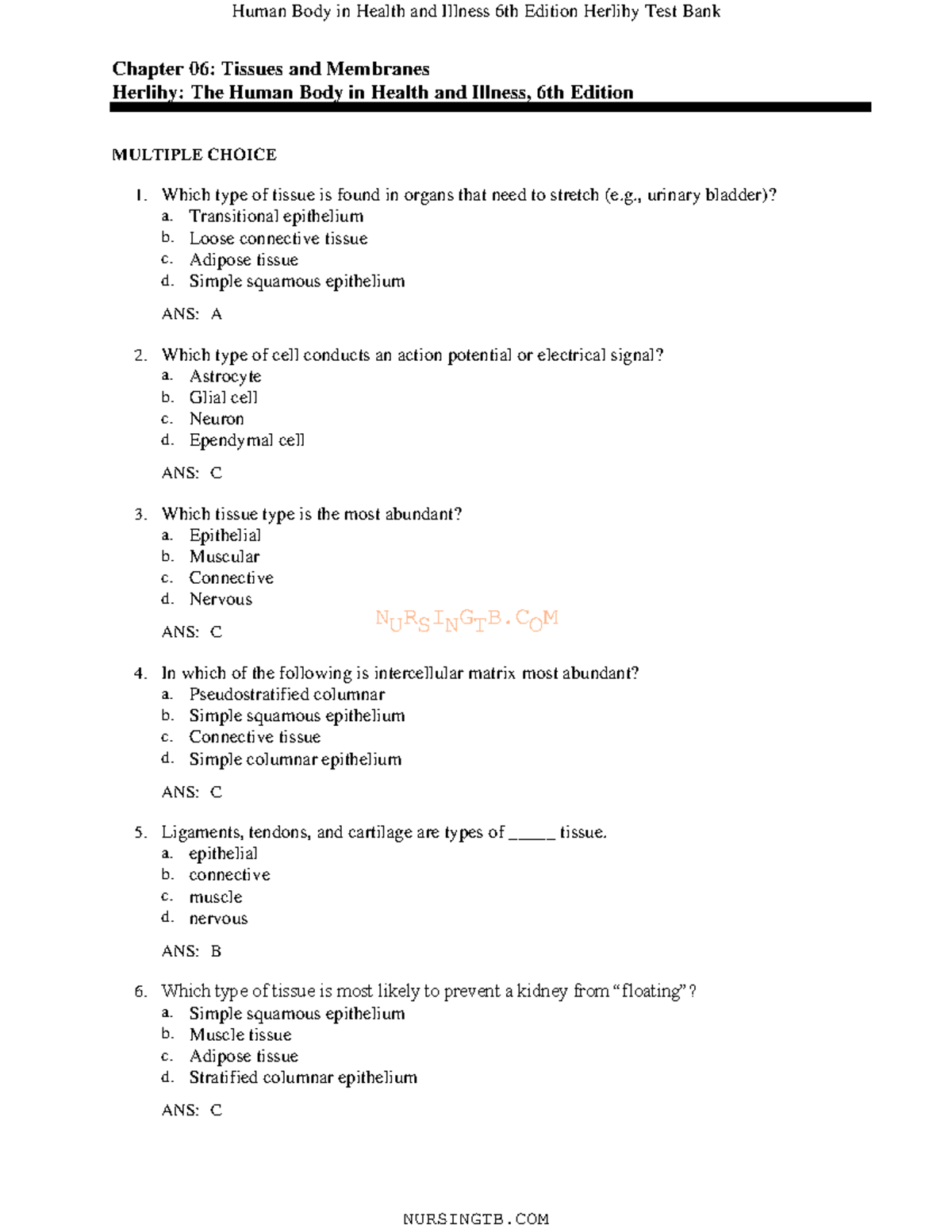 CH 6 BIO - ch 6 - NURSINGTB Chapter 06: Tissues and Membranes Herlihy ...