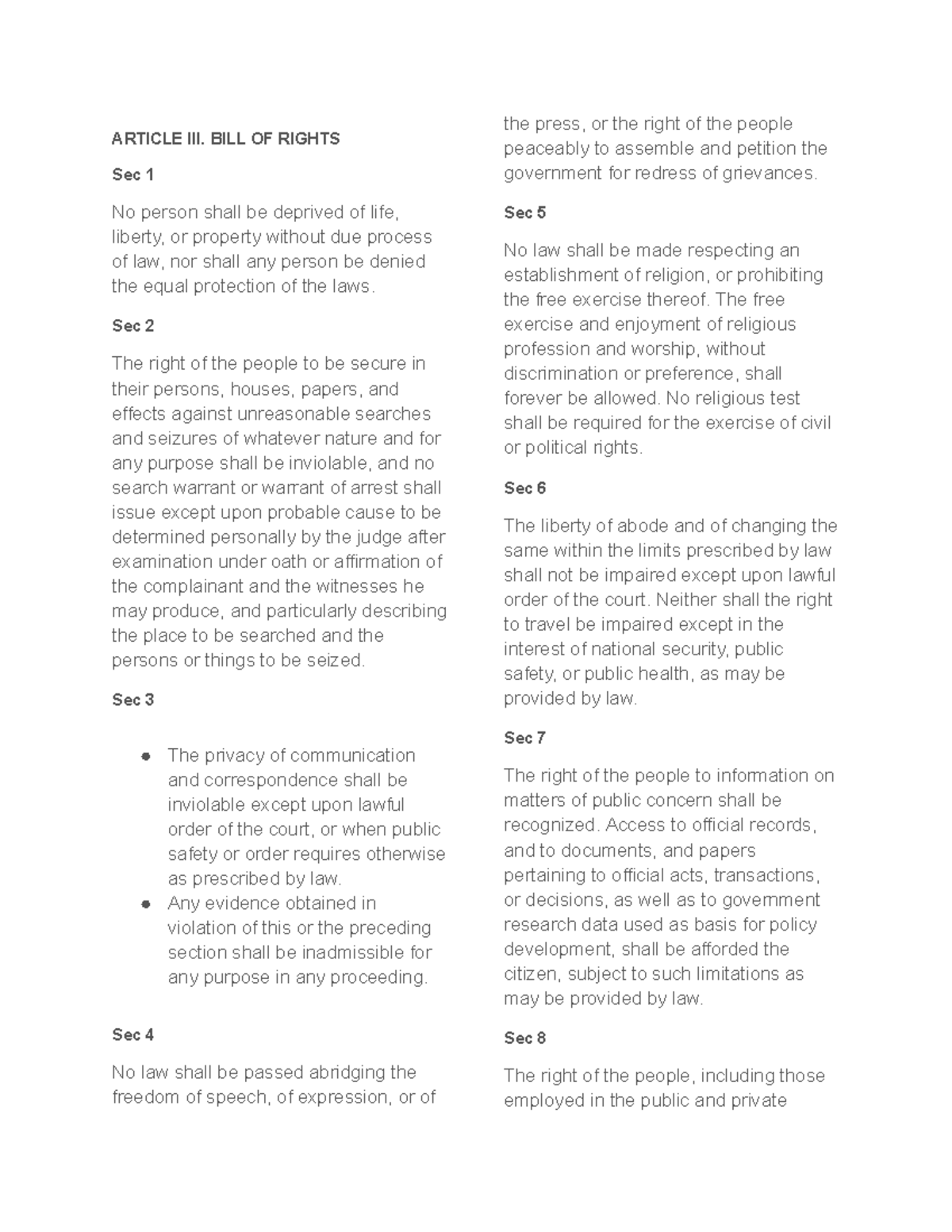 Philippines 1987 Article III - SEC 1 to 22 - ARTICLE III. BILL OF ...